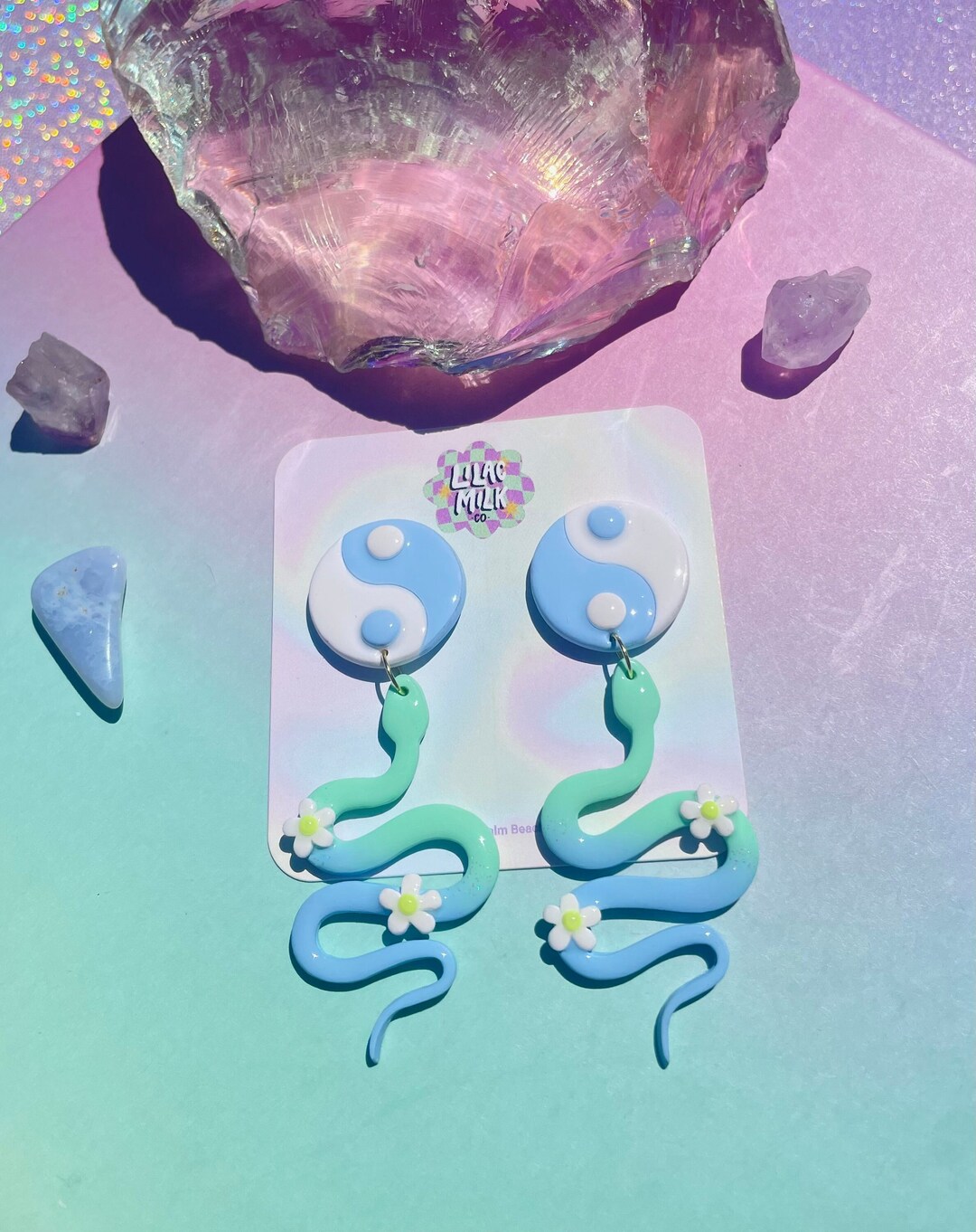 Yin Yang/ Groovy Gradient Daisy Snake Dangly Studs - Etsy