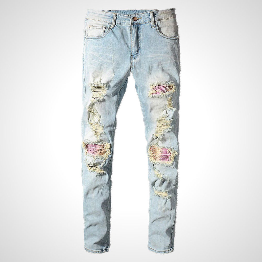 Men's Repo Light Blue Stretch Denim Jeans, Patchwork Bandanna Printed ...