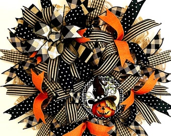 Pumpkin Halloween Wreath, Jack-o-lantern Wreath, Orange & Black ...
