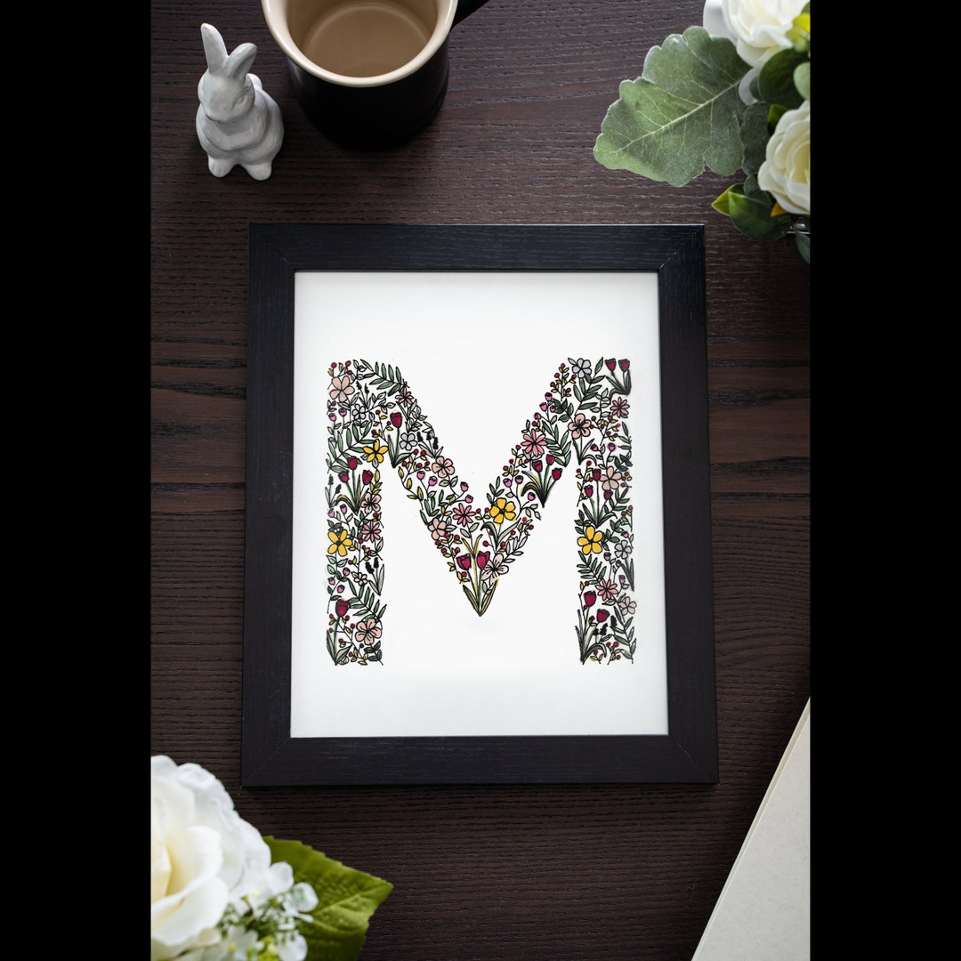 Floral Monogram Letter M, Floral Initial, Floral Font, Wall Art, Wall ...