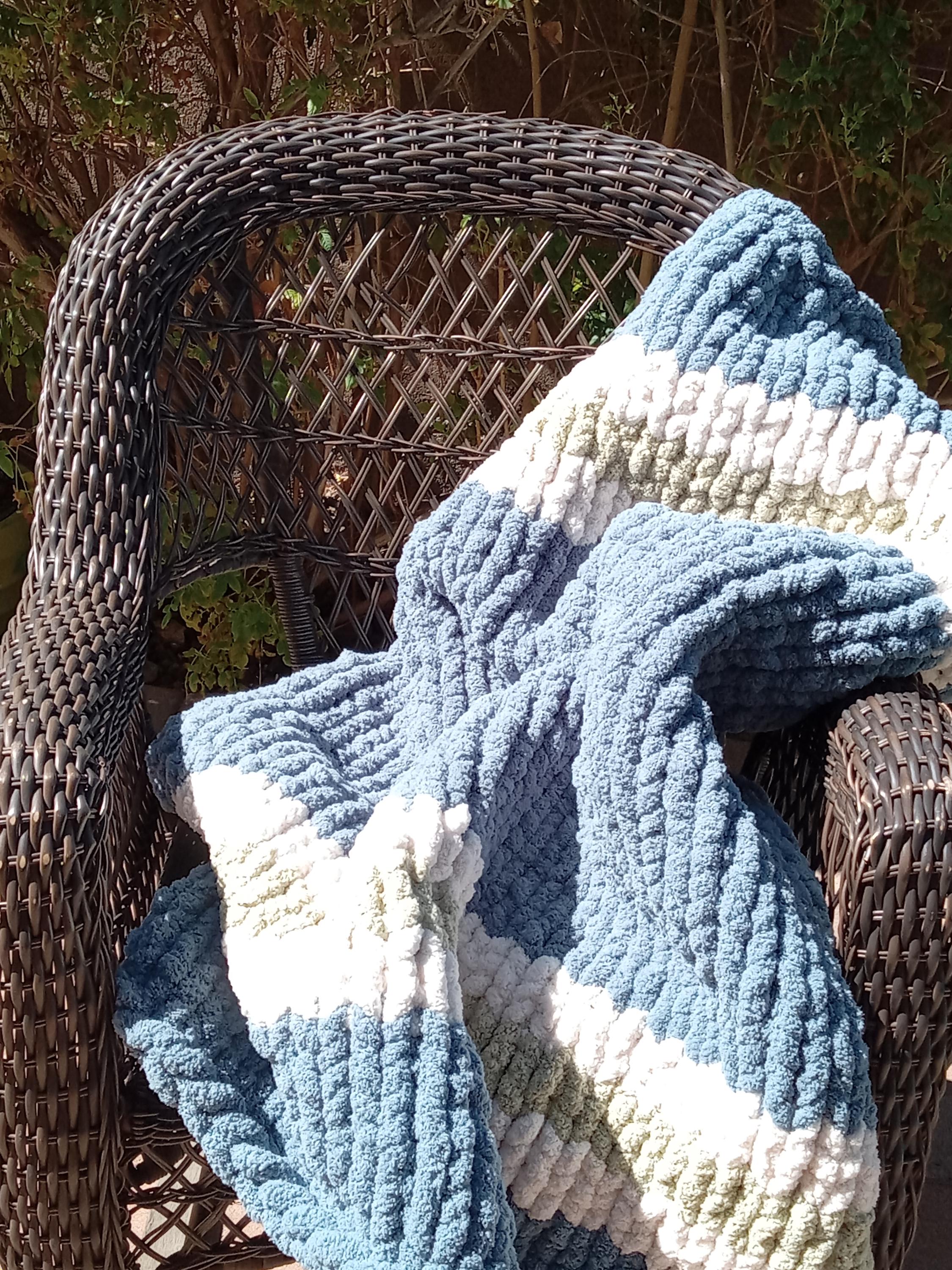 Dusty Blue Chunky Knit Throw, Hand Knitted Blanket, Blue Handmade ...