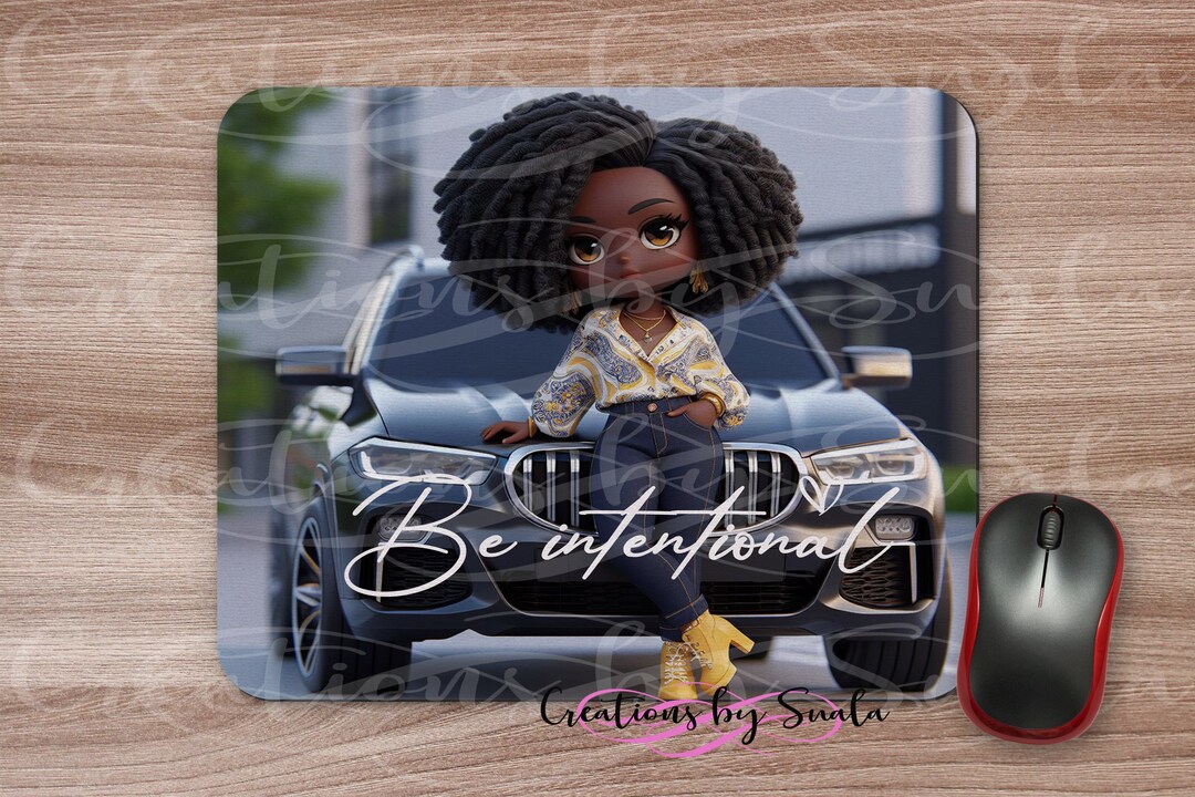 Afro American Chibi Woman on a BMW Mousepad, HBCU, Birthday Gift, Ai ...