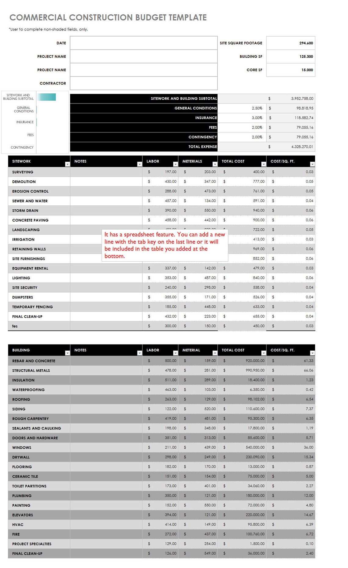 Construction Cost Estimate Template, Contractor Estimate Planner ...