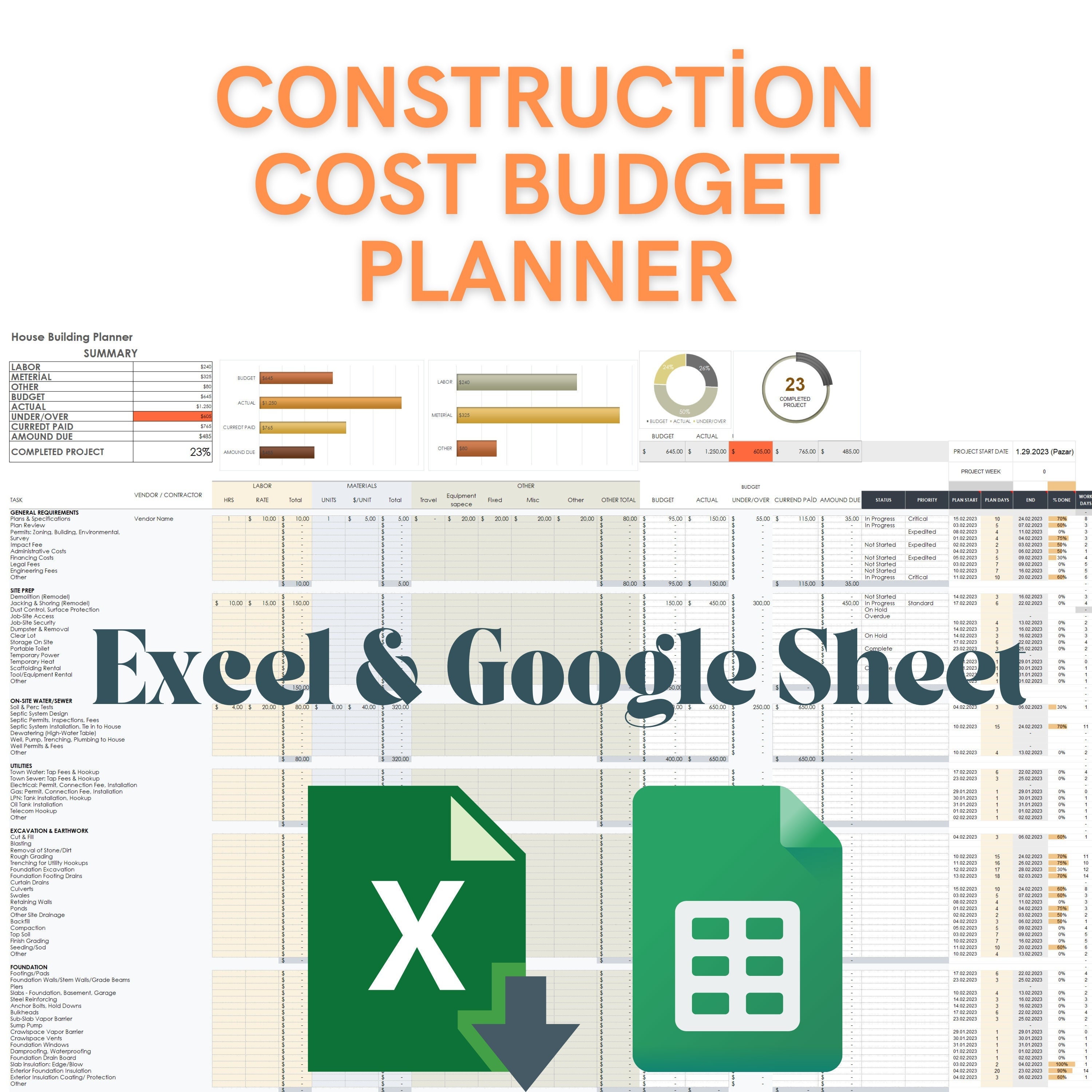 Construction Budget Spreadsheet: Project Planner (excel & Google Sheet ...