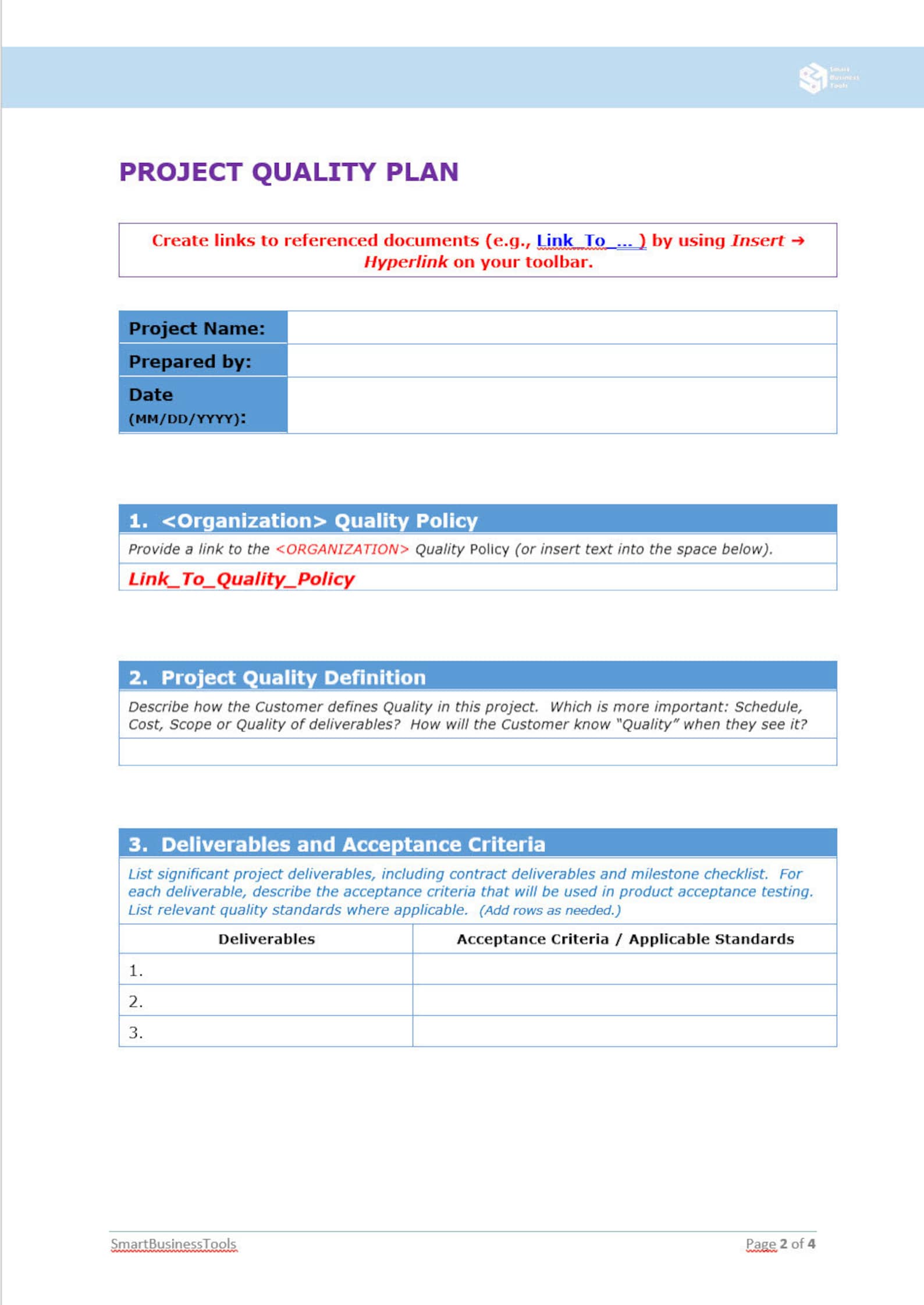 Project Quality Plan Template - Etsy