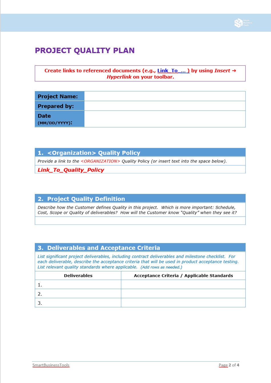 Project Quality Plan Template - Etsy