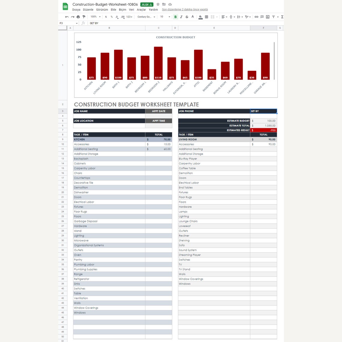 Construction Budget Worksheet Template: Home Renovation (excel, Google ...