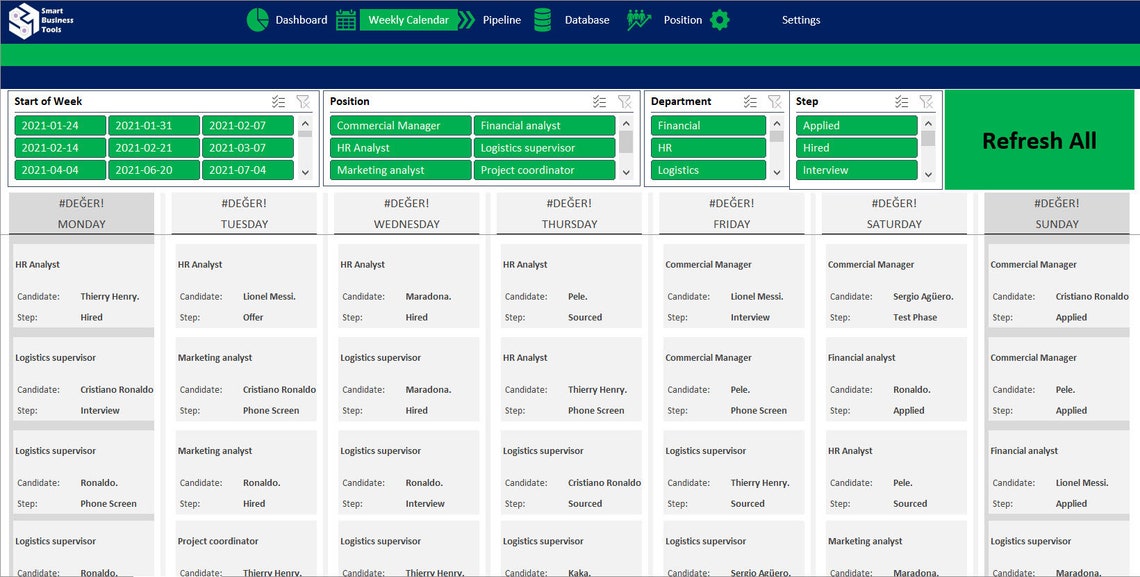 Recruitment Pipeline Excel Template: Weekly Calendar & Tracker - Etsy