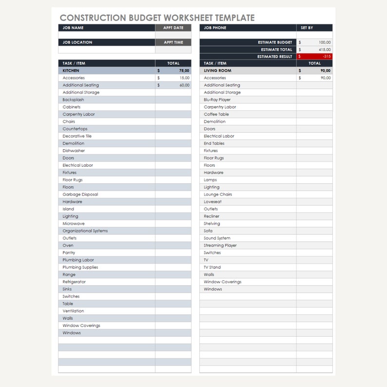 Sample Construction Budget Worksheet Template, Construction Budget ...