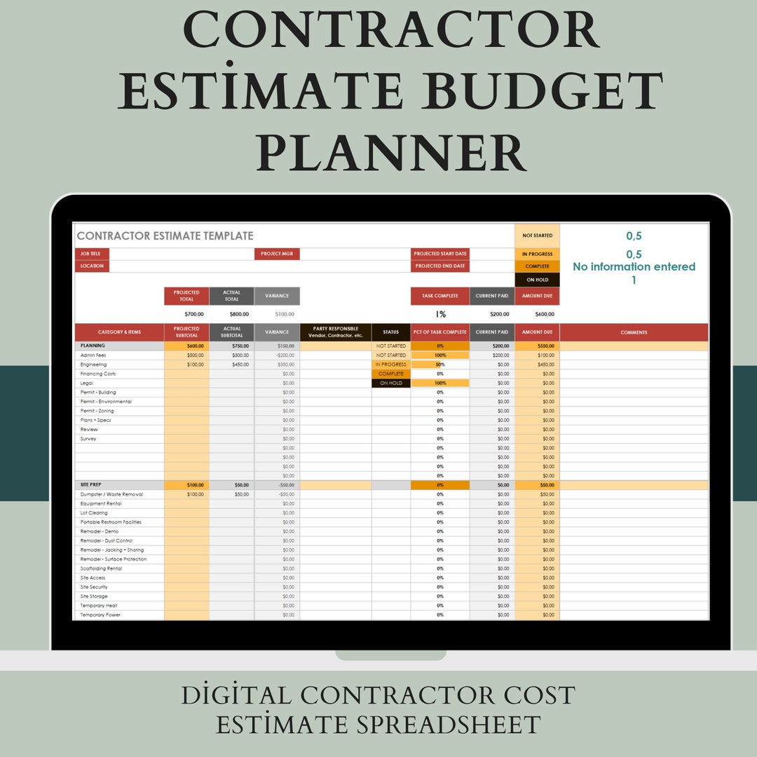 Cost Estimation Digital Contractor Spreadsheet, Digital Contractor ...
