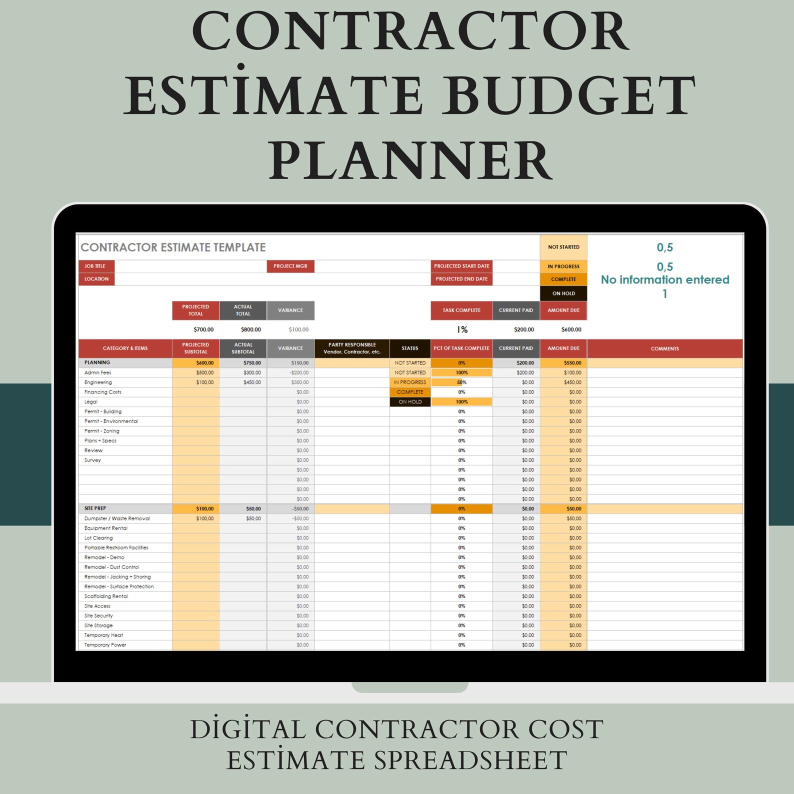 Cost Estimation Digital Contractor Spreadsheet, Digital Contractor ...
