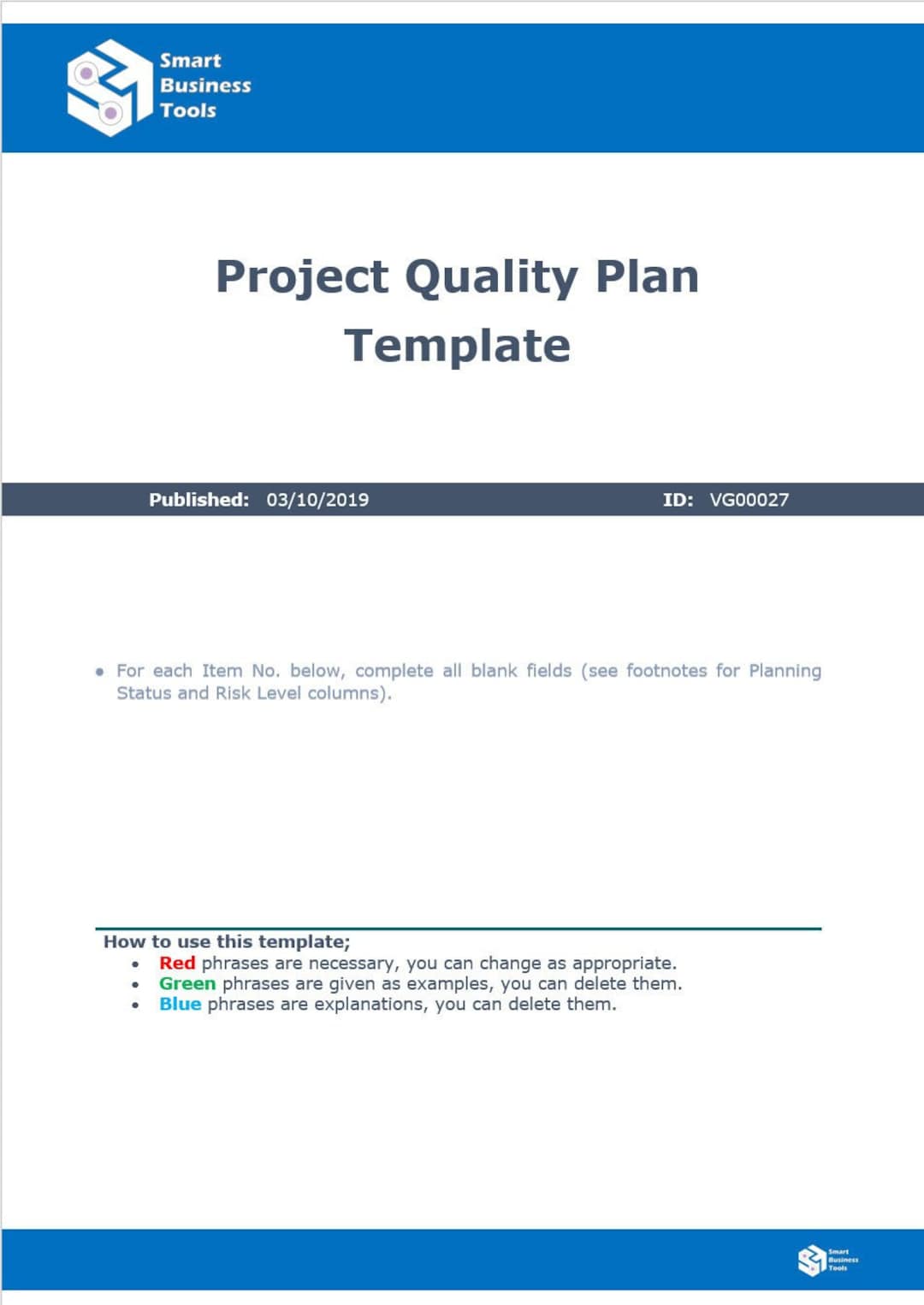 Project Quality Plan Template - Etsy