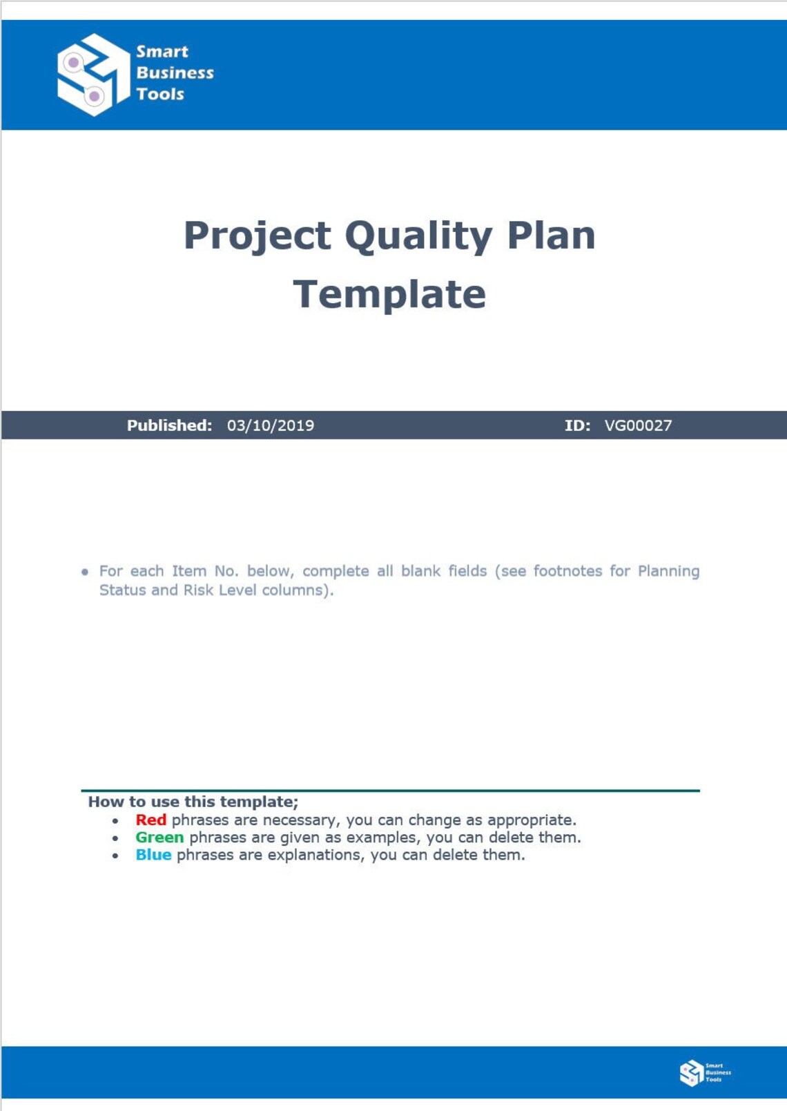 Project Quality Plan Template - Etsy