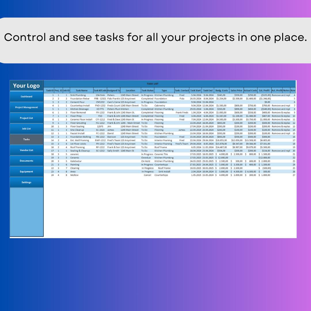 Construction Project Management Excel Template: Budget & Task Planner ...