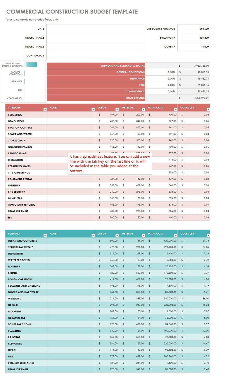 Construction Cost Estimate Template: Excel Spreadsheet Planner - Etsy