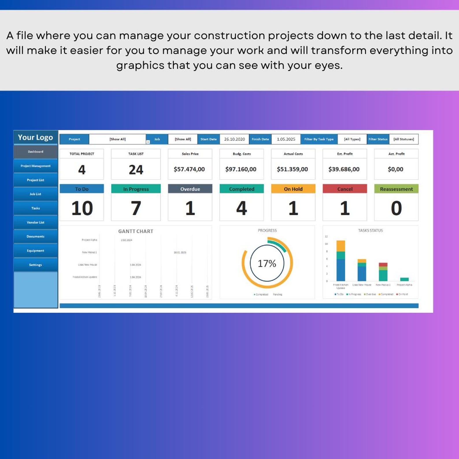 Construction Project Management Excel Template: Budget & Task Planner ...