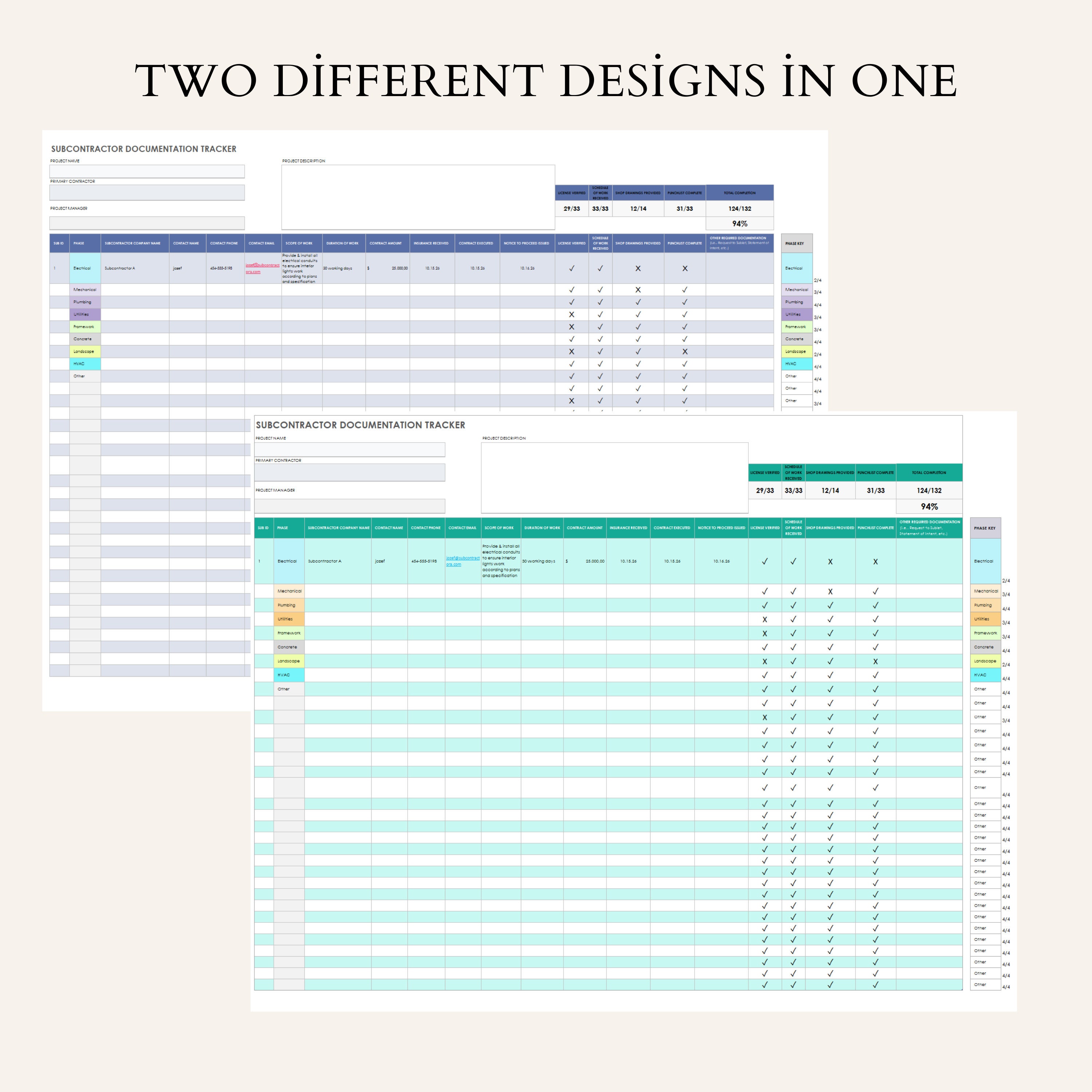 Construction Subcontractor Documentation Tracker Worksheet - Etsy