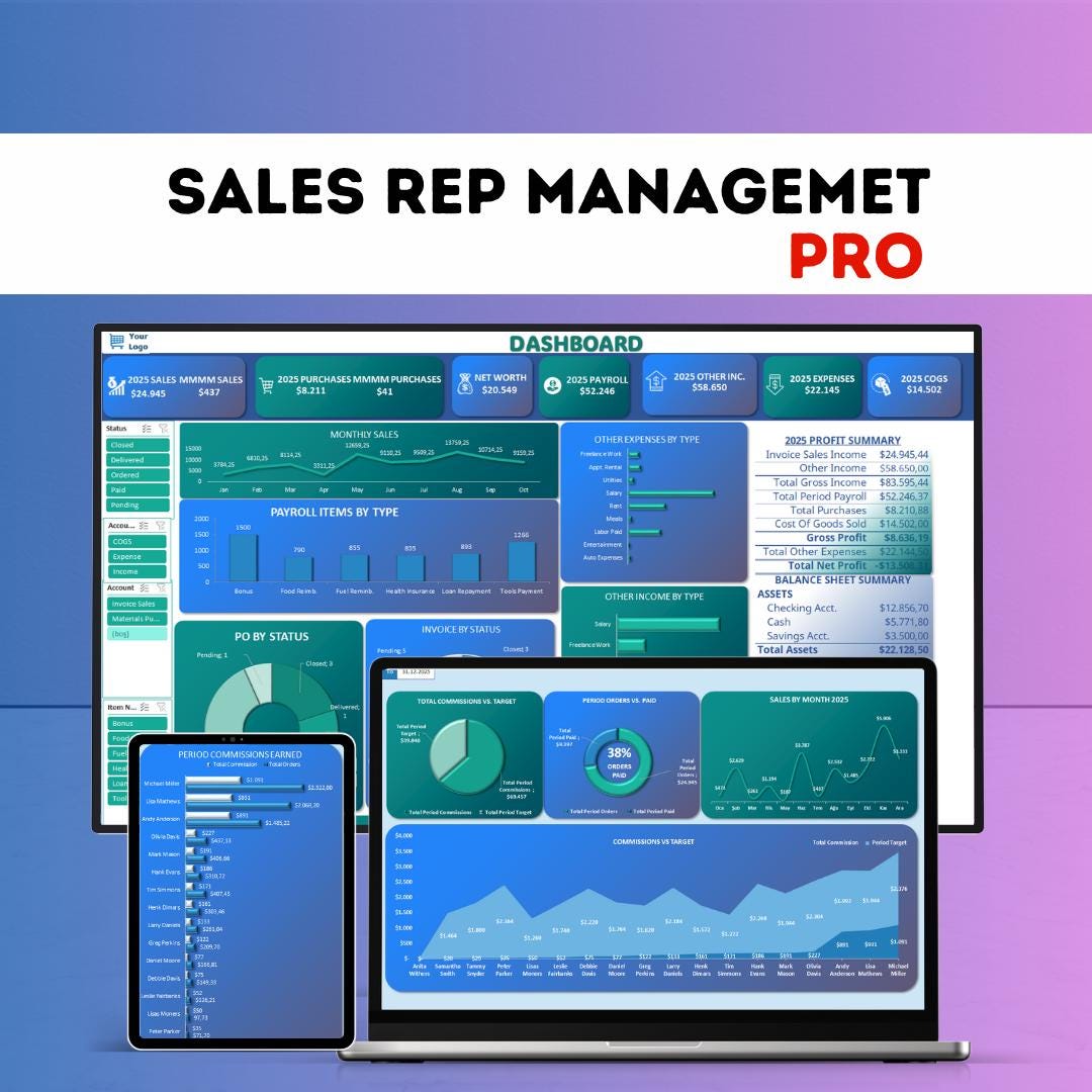 Sales Rep Manager | Excel Dashboard to Track Performance & Clients - Etsy
