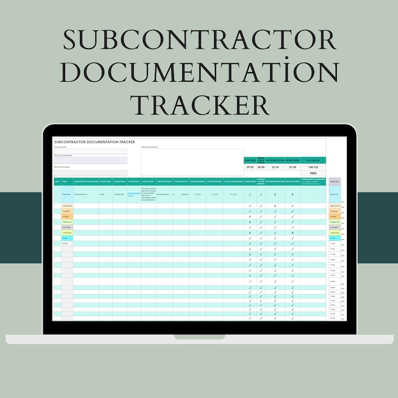 Construction Subcontractor Documentation Tracker Worksheet - Etsy