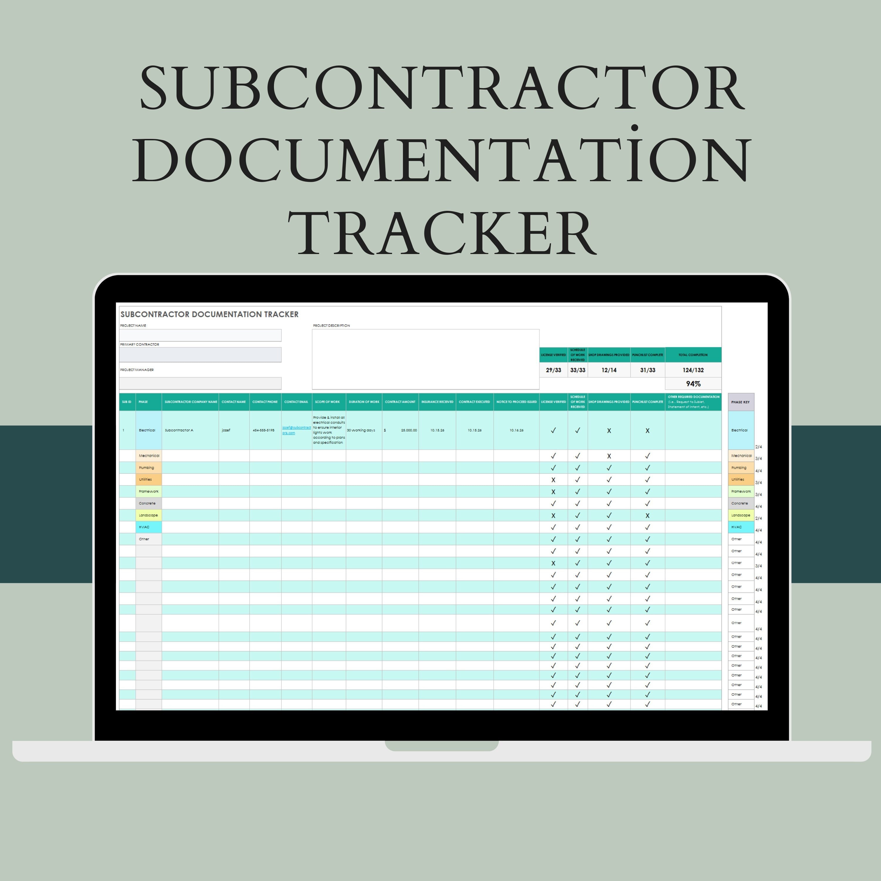 Construction Document Tracking Worksheet, Subcontractor Documentation Tracker, Project ...