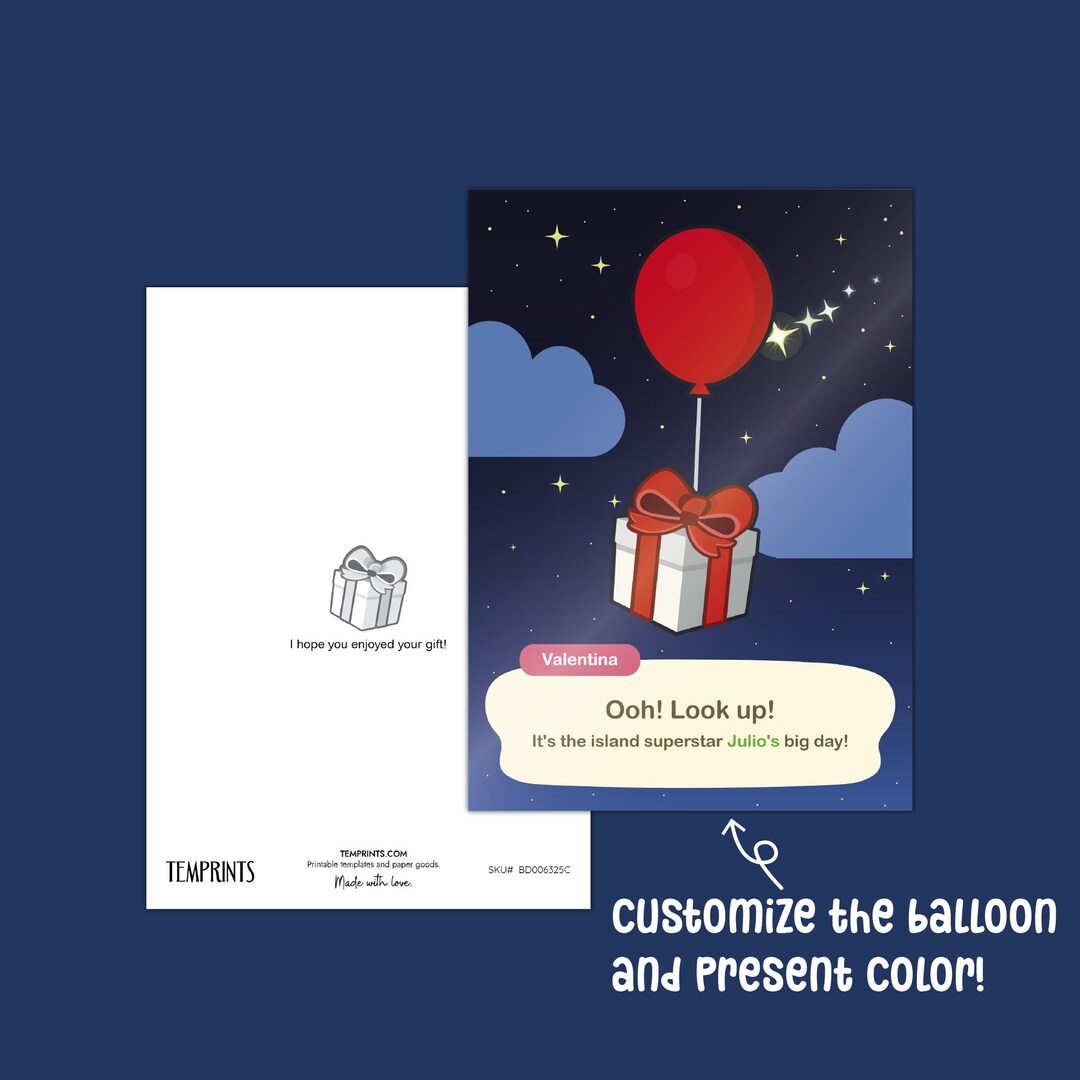 Nightime Floating Balloon Present Birthday Card Instant & Customizable ...