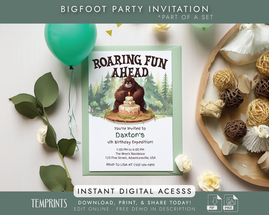 Bigfoot Roaring Fun Ahead Birthday Party Invitation | Instant ...