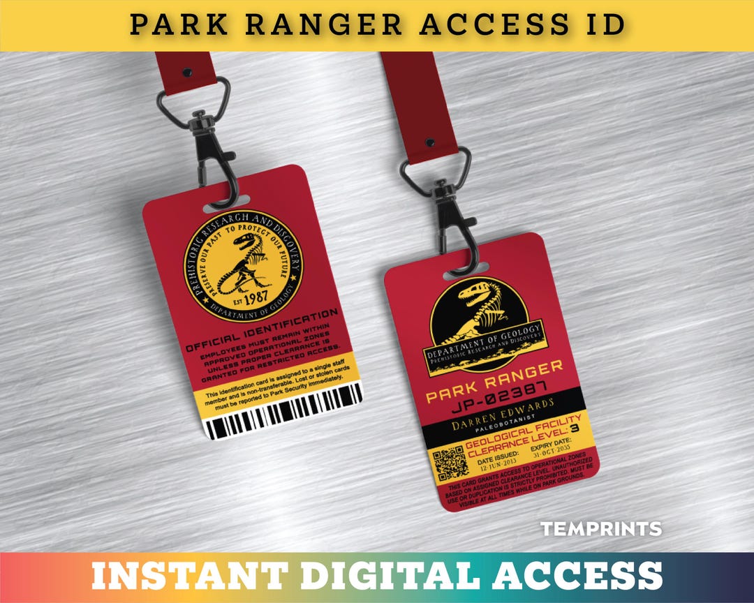 Jurassic Park Ranger ID Badge | Dinosaur Costume Prop (digital Download ...