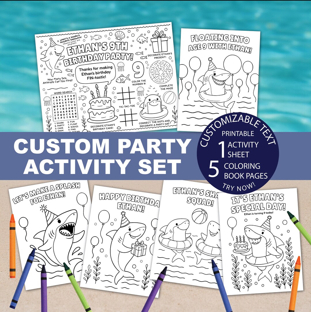 Coloring Activity Sheet Digital Cute Pool Party Shark, Editable Kids ...