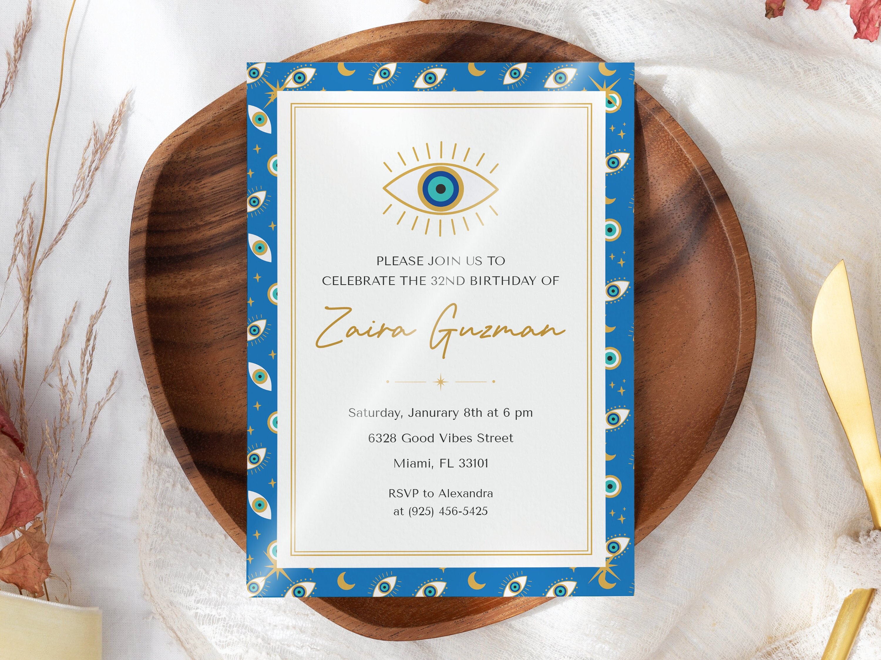 Minimal Elegant Modern Evil Eye Birthday Party Anniversary Invitation ...