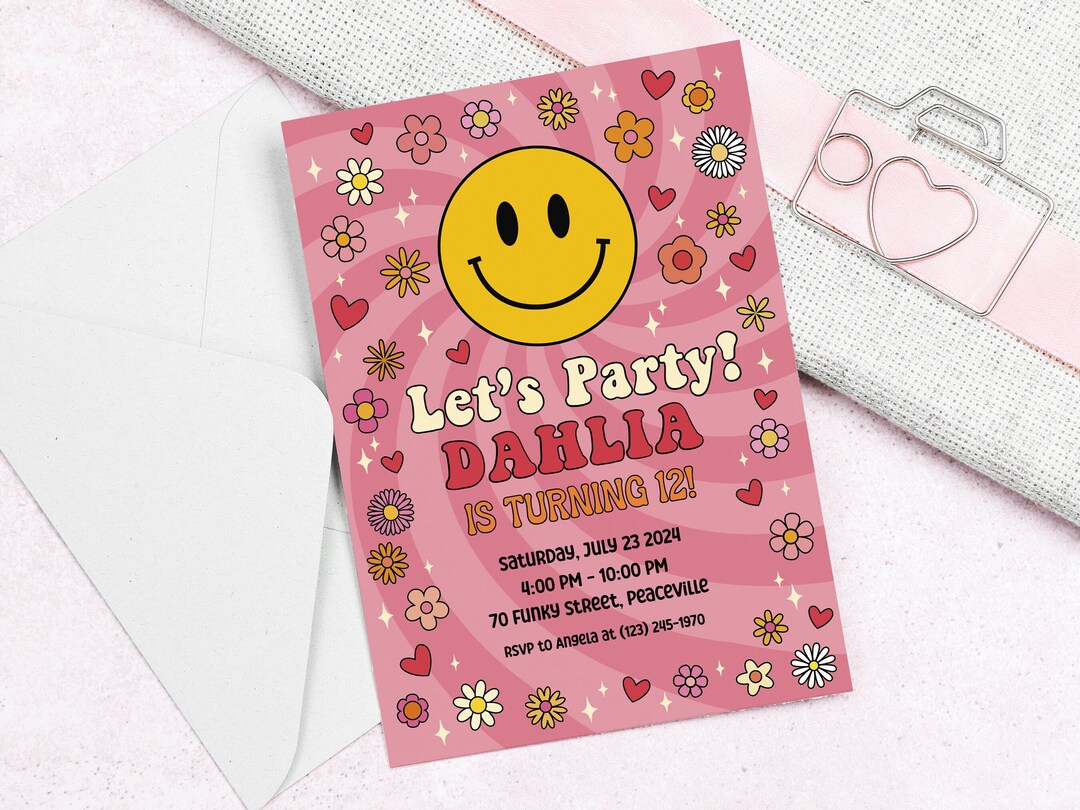 Smiley Face Floral Cartoon Cute Pink Birthday Party Invitation ...
