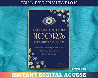 Bold Gold Evil Eye Birthday Party Anniversary Invitation | Instant ...