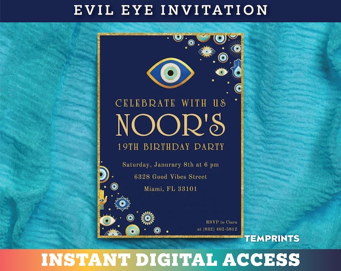 Bold Gold Evil Eye Birthday Party Anniversary Invitation | Instant ...