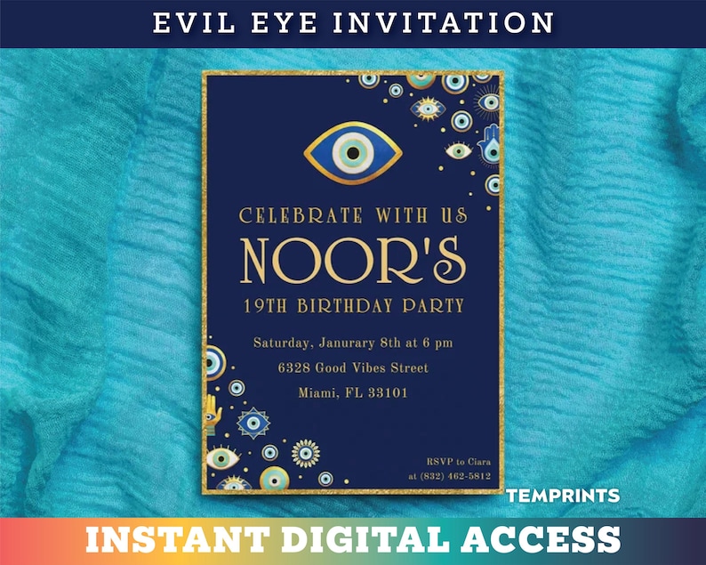 Bold Gold Evil Eye Birthday Party Anniversary Invitation | Instant ...