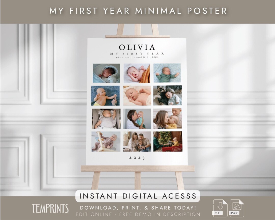 First Year Poster | 1st Birthday Poster | Instant Download | Milestone ...