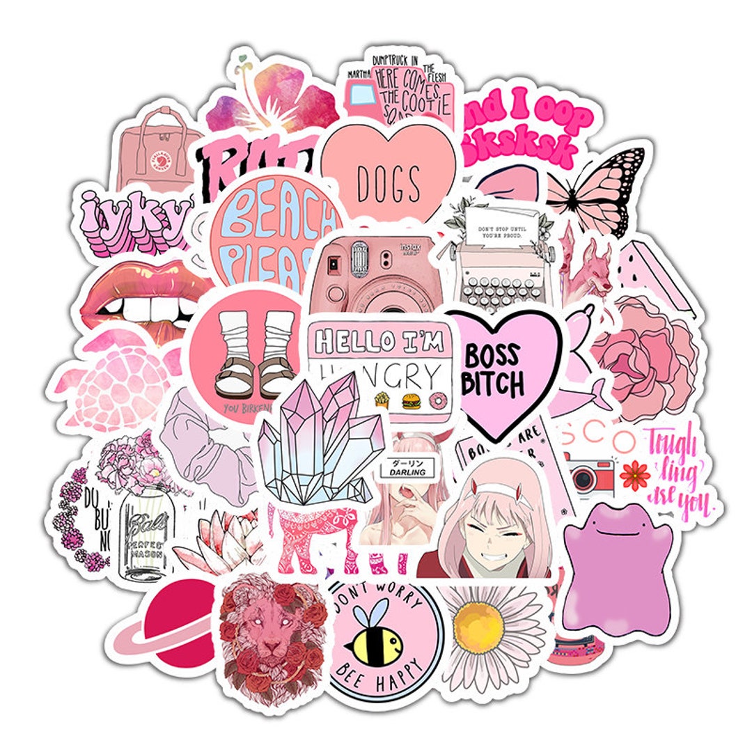 50 Pcs Pink Cute Laptop Stickers Waterproof Hydroflasks Stickers For