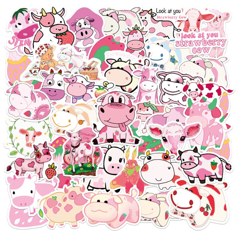 50 PCS Pink Strawberry Cows Matte Stickers for DIY Skateboard - Etsy