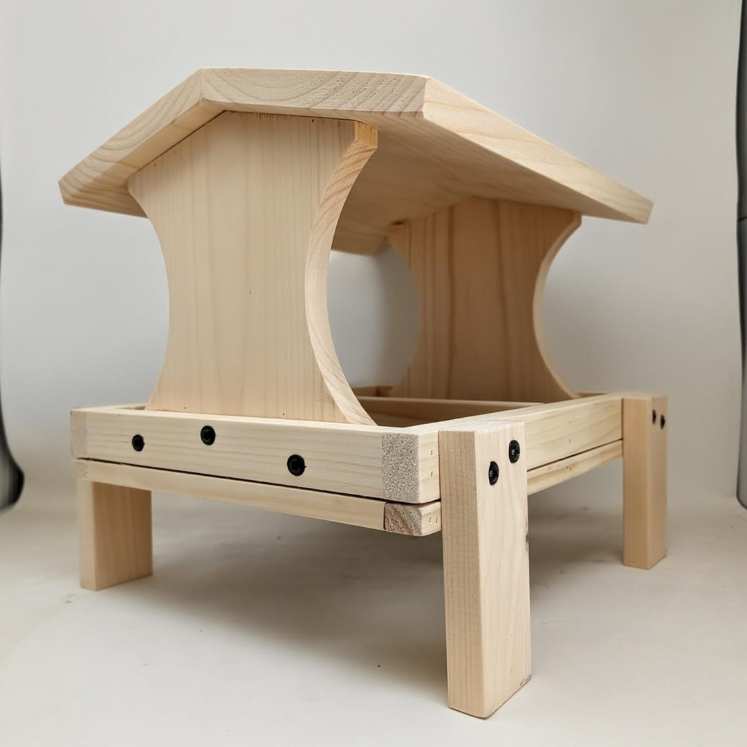 Wooden Ground Bird Feeder With Roof Featuring Closed Ends - Handmade ...