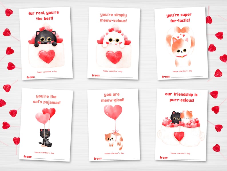 Printable Cat Valentine's Day Cards for Kids, Cute Classroom Valentine ...