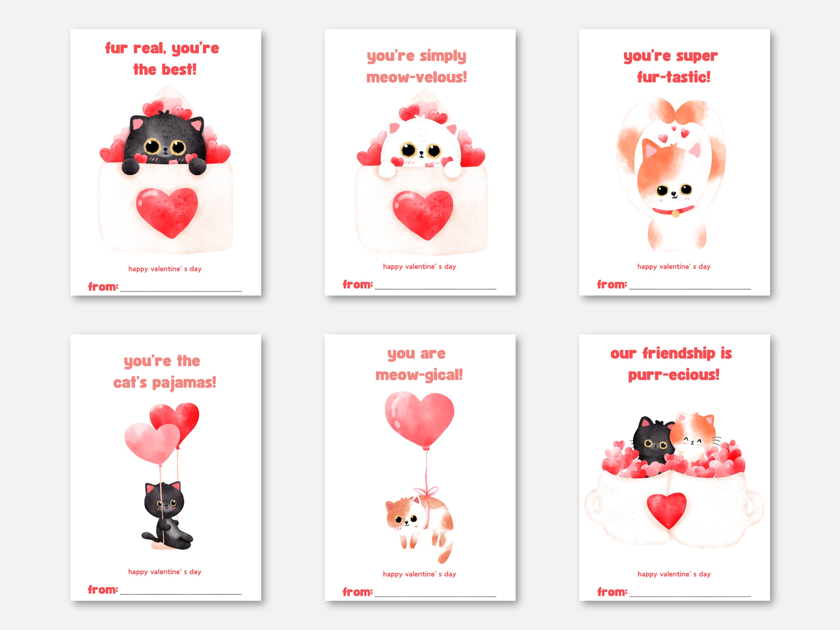 Printable Cat Valentine's Day Cards for Kids, Cute Classroom Valentine ...