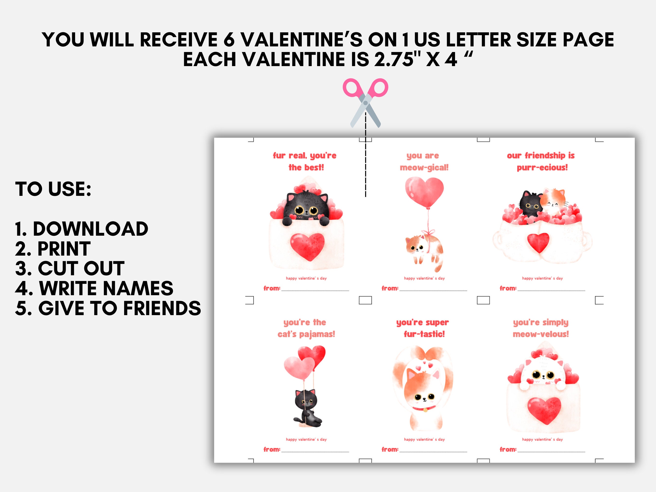 Printable Cat Valentine's Day Cards for Kids, Cute Classroom Valentine ...