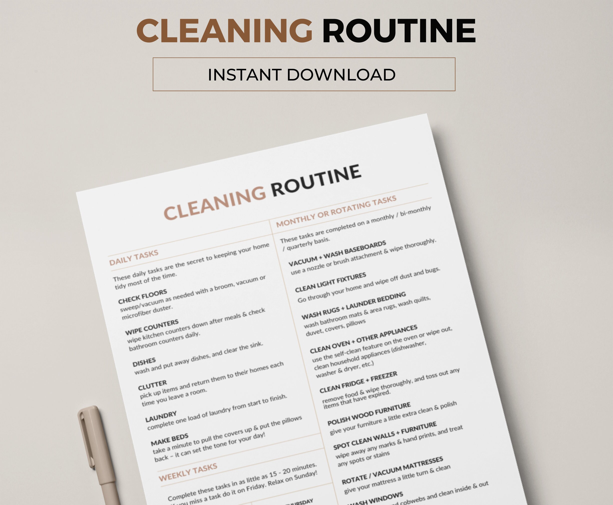 A Simple Cleaning Checklist for Daily, Weekly and Monthly Tasks. Simple ...