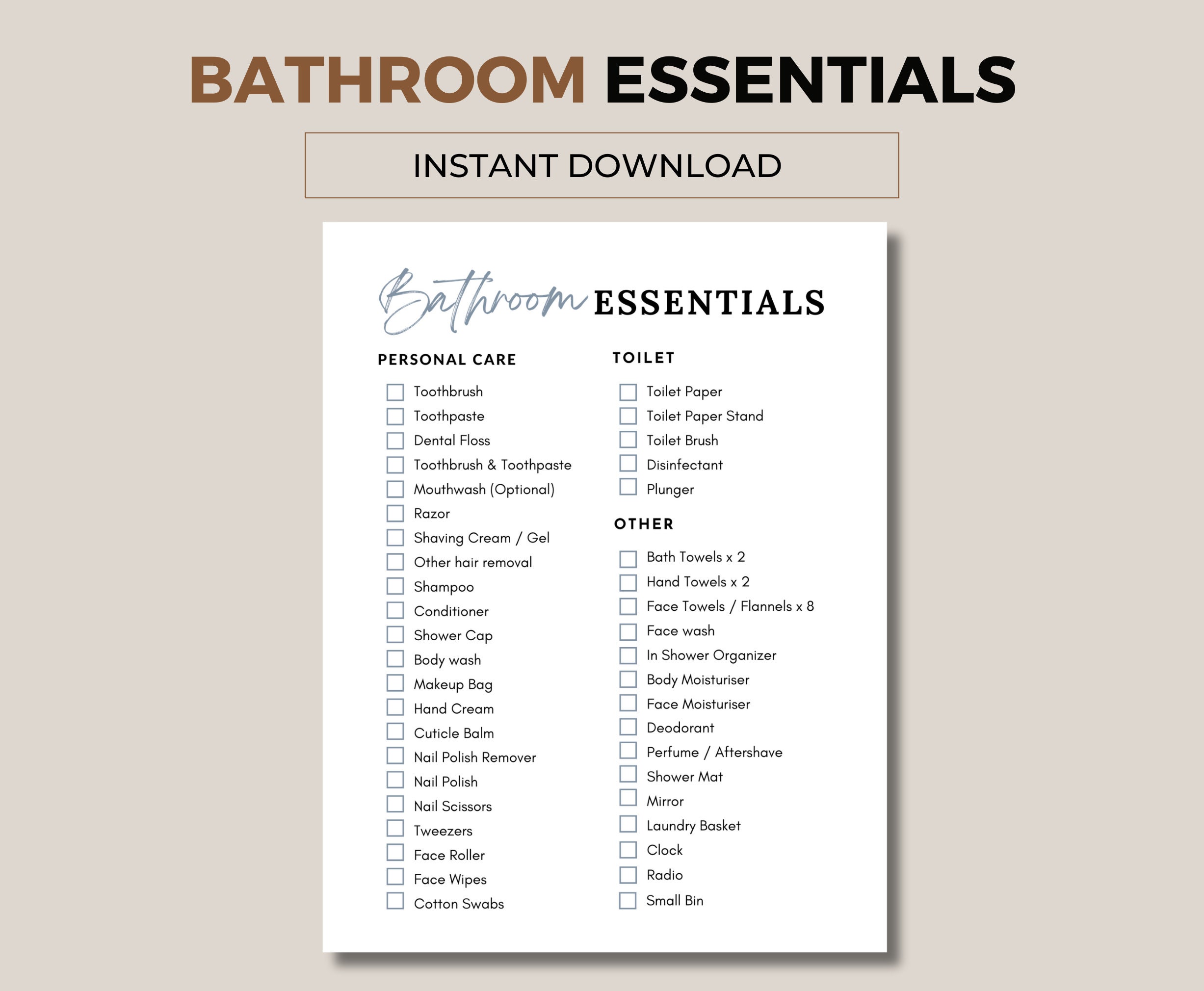 Bathroom Essentials Printable Checklist. A List of the Things You Need ...