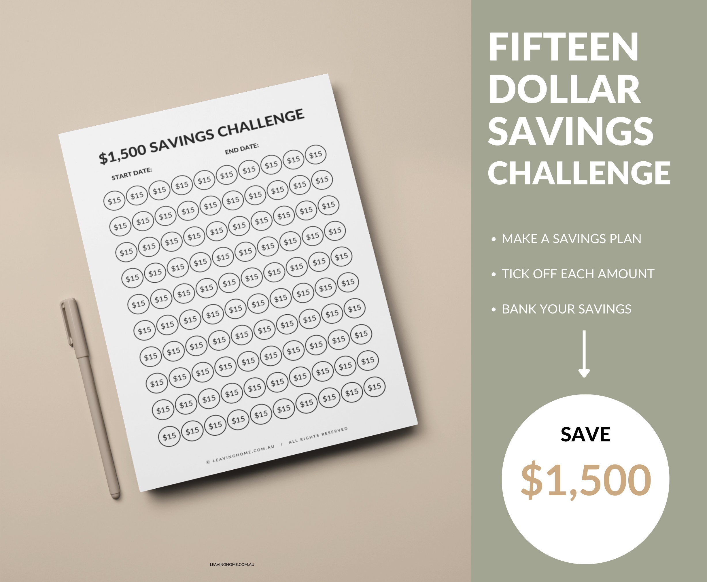 1,500 Dollar Savings Challenge. Save 1,500 Dollars Fifteen Dollars a ...