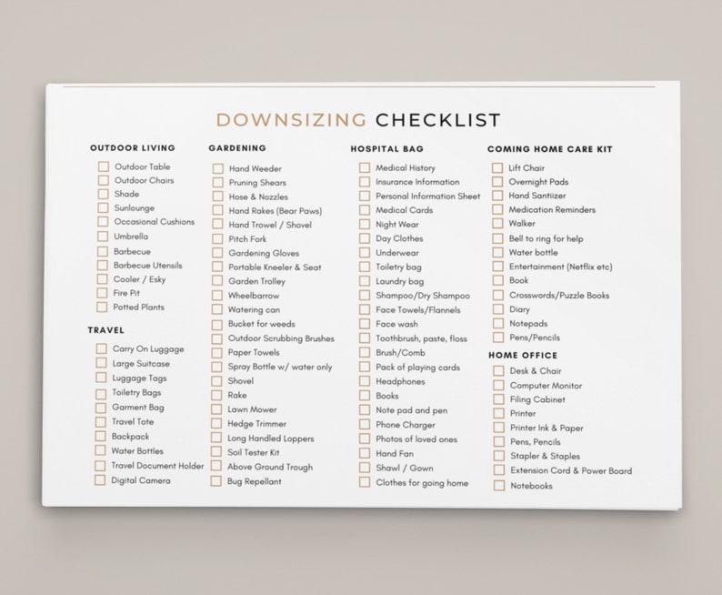 Downsizing Checklist. Relocating for Retirement, Moving House, New Home ...