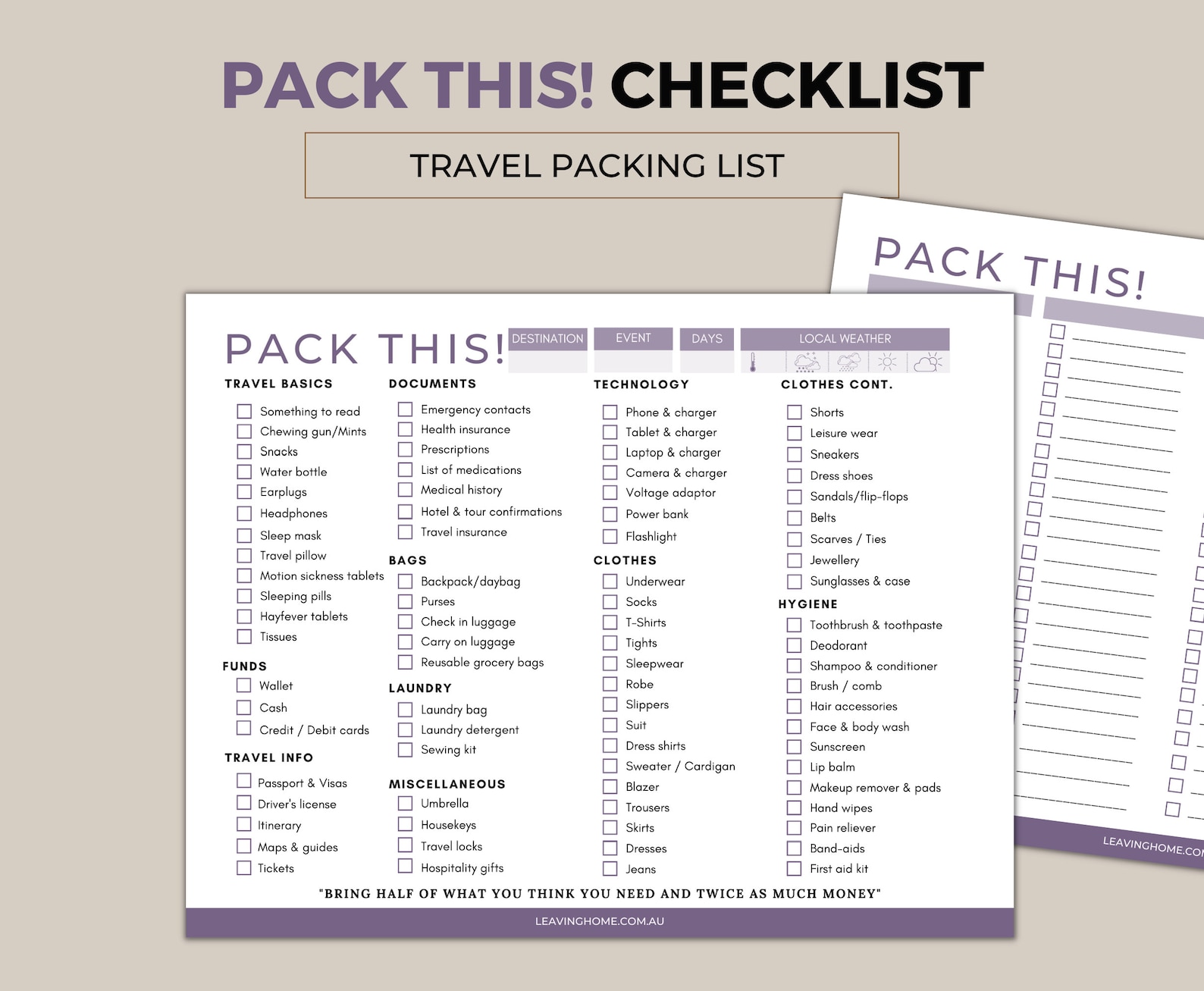 Travel Packing Checklist: Trip Essentials List (PDF) - Etsy