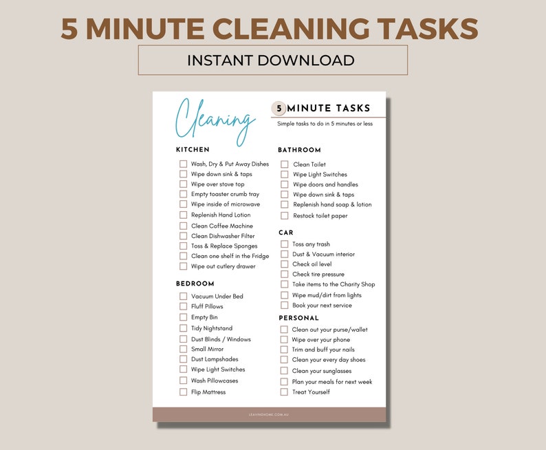 5 Minute Cleaning Tasks Printable, Quick Jobs That Take Less Than 5 ...