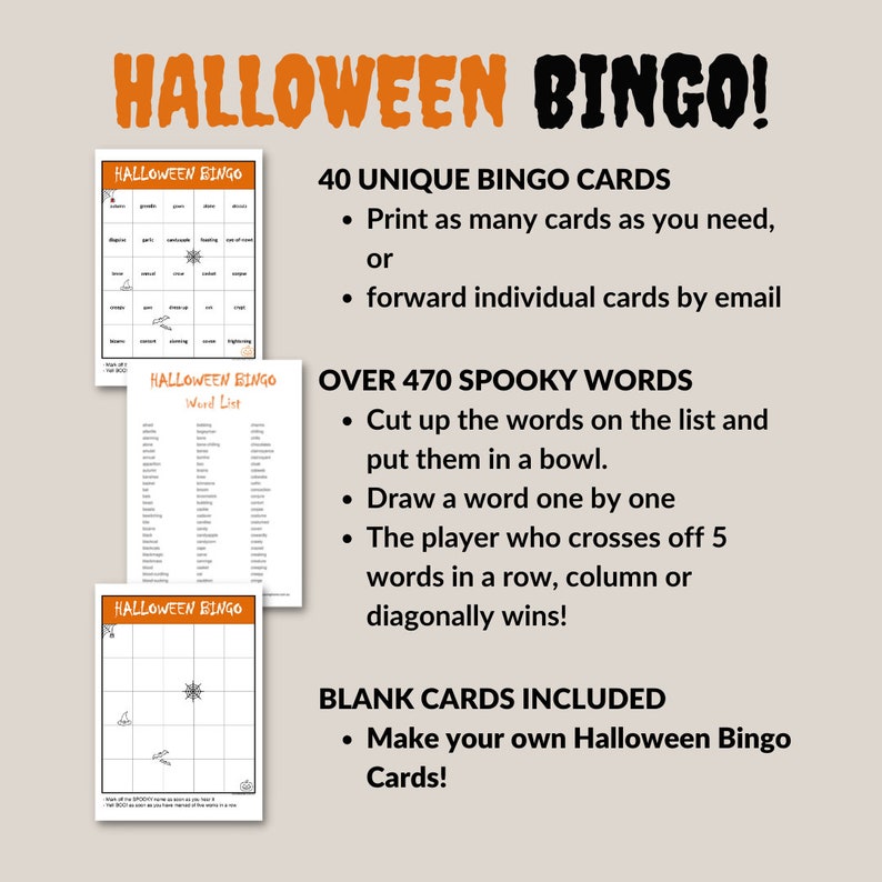 Halloween Bingo Game Cards, 40 Unique Games to Play Before or After ...