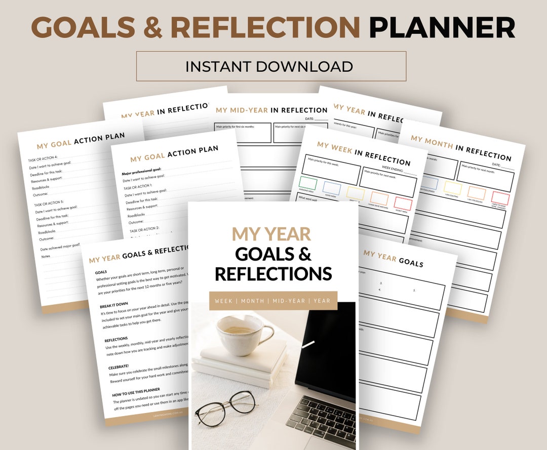 Yearly Goals and Reflections Planner: Weekly, Monthly Review (instant ...