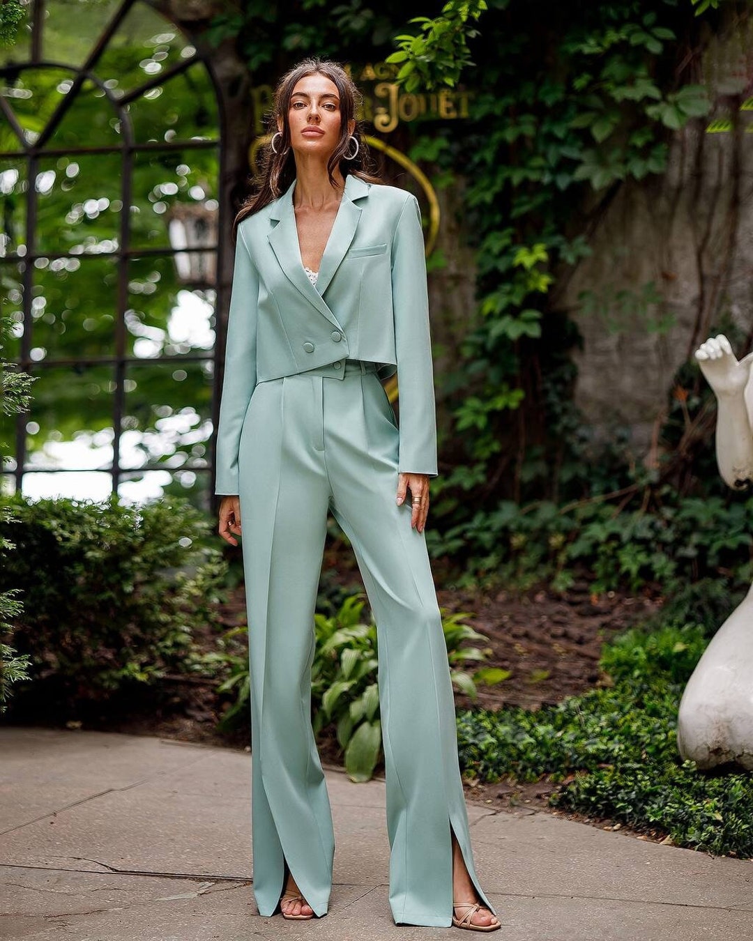 Green-olive Two Piece Suit, Cropped Blazer With Slit Trousers ...