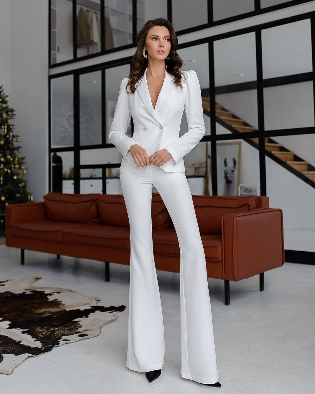 White Bridal Wedding Suit Set, Bell Bottom Pants for Tall Women ...